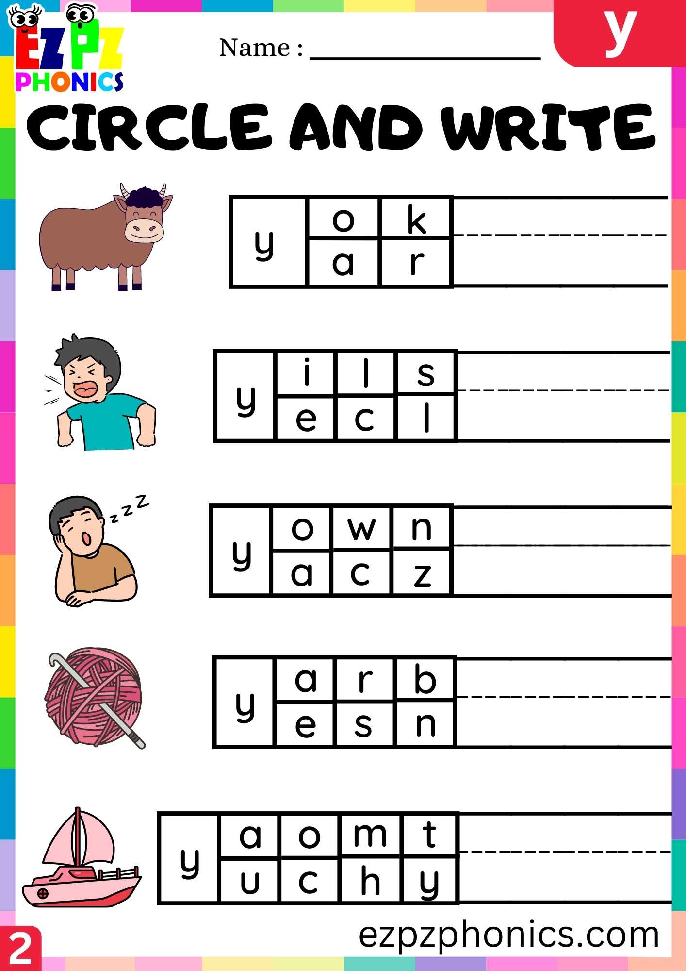 Group2 Letter Y Circle And Write Beginning Sounds Worksheet - ezpzphonics.com